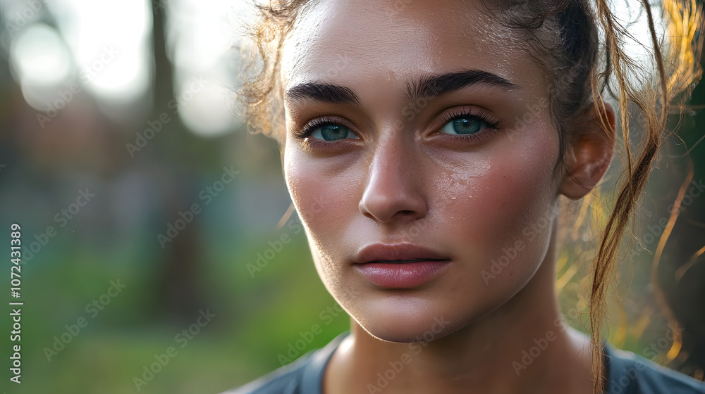 A fit woman glistening with sweat as she trains outdoors, showing her ...