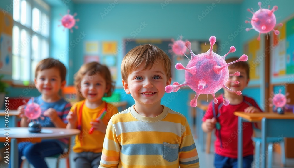Children in school with bacteria overlay showing infection risk Stock ...