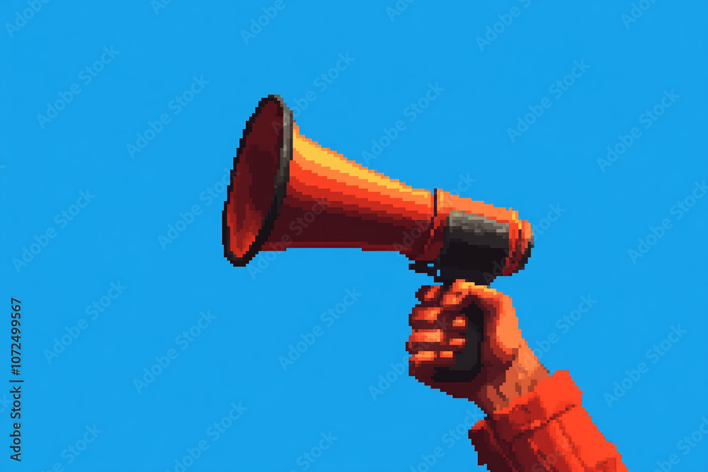 Hand holding a red megaphone in pixel art style on a bright blue ...