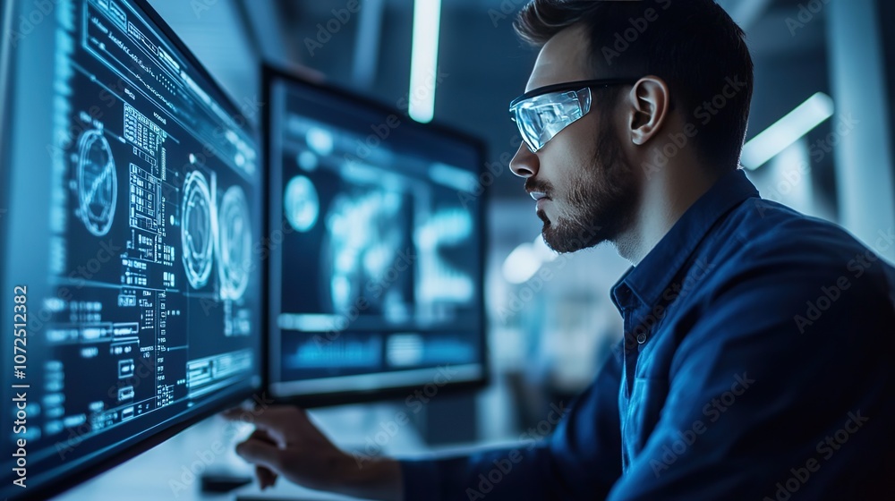 An engineer designing a new automation system, using CAD software and ...