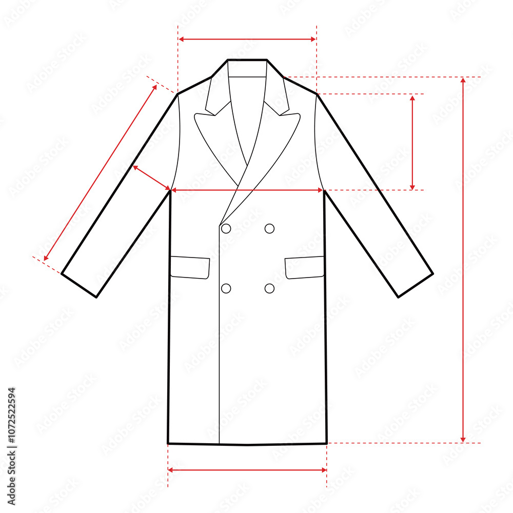 Double-Breasted Coat Technical Drawing with Measurement Points and Size ...