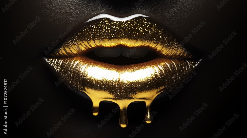 Glossy gold lips with dripping effect, black background, close-up of ...