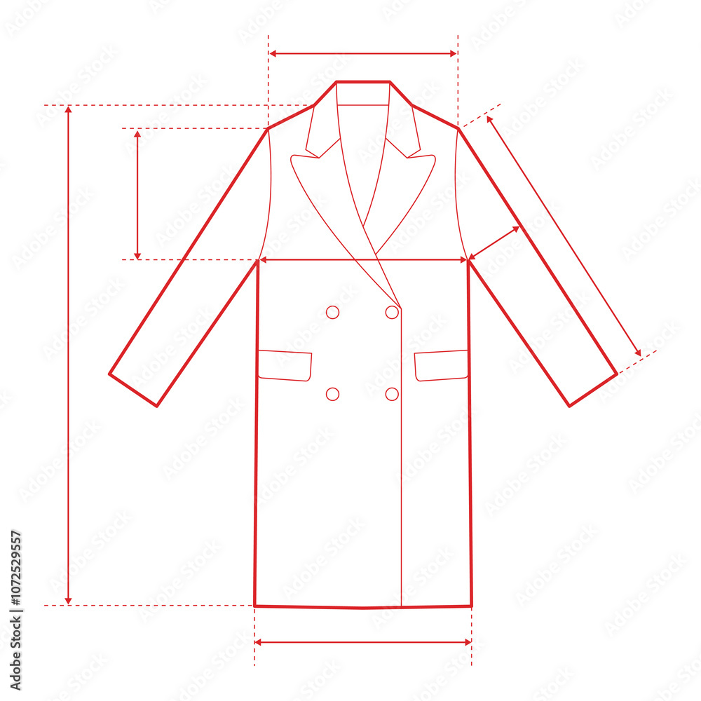 Double-Breasted Coat Technical Drawing with Measurement Points and Size ...