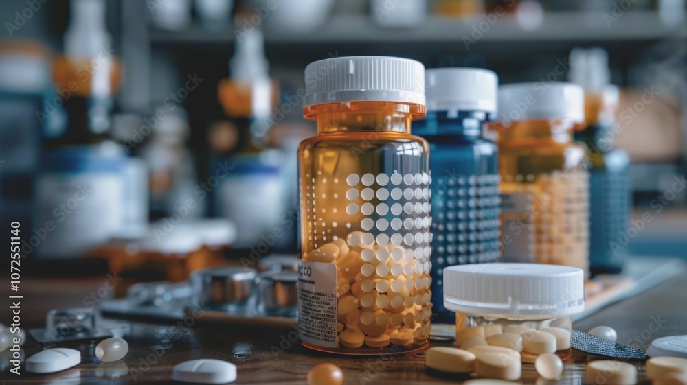 Close-up of Braille labels on medication bottles and medications on a ...