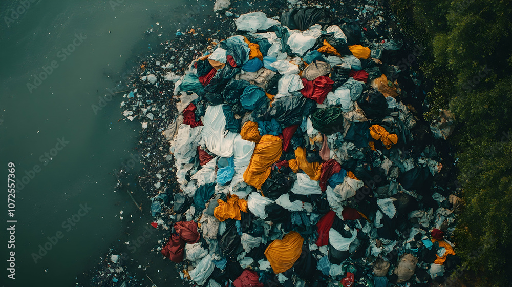 Piles of discarded clothing polluting rivers and landfills, depicting ...