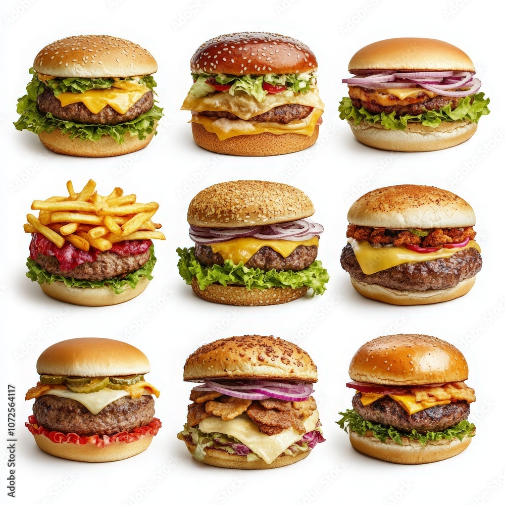 Font view isolated packshot of diverse burgers and fries. Restaurant ...