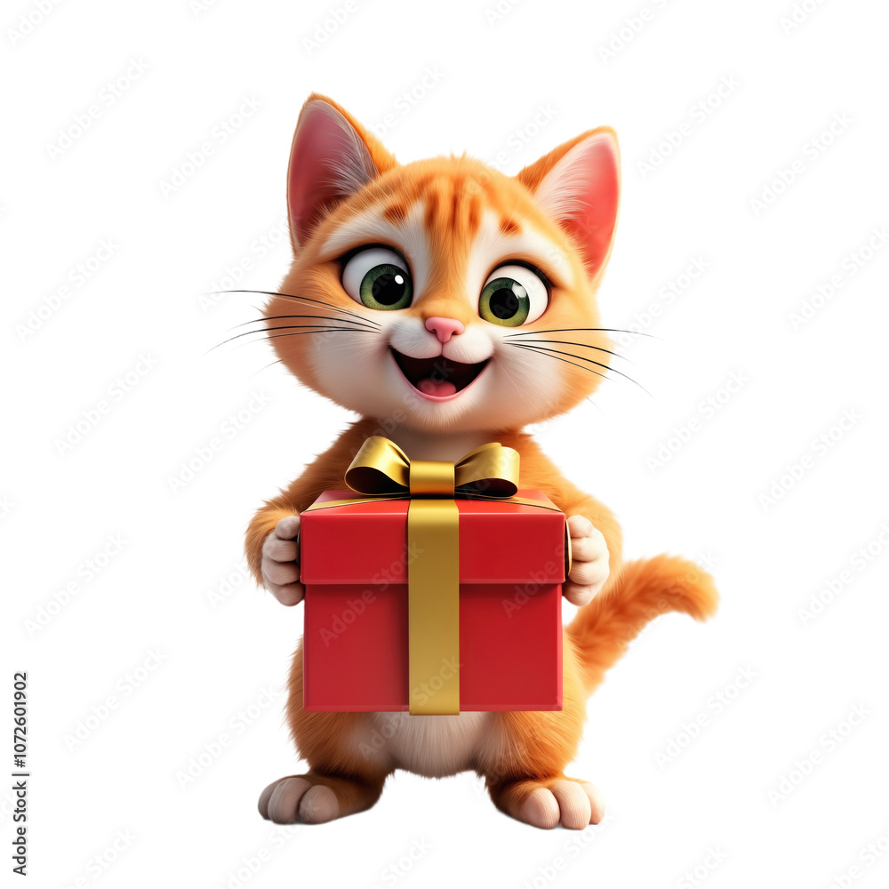 Cute cartoon ginger cat holding gift box with gold ribbon. Happy animal ...