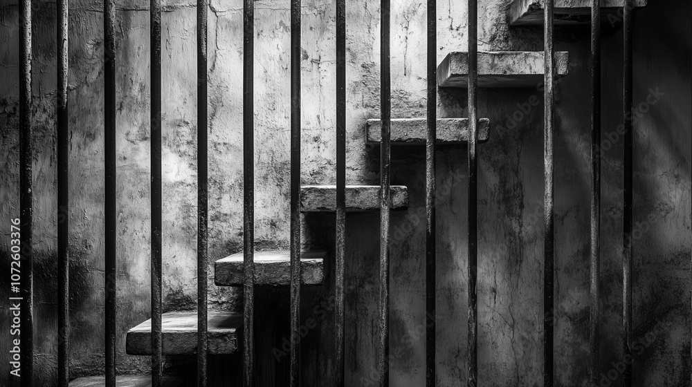 Concrete stairs behind metal bars in a prison cell, forming a dramatic ...
