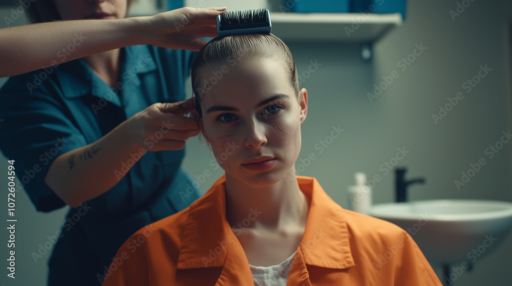 Stock-Foto „Prison guard helping young female inmate with her hair in ...