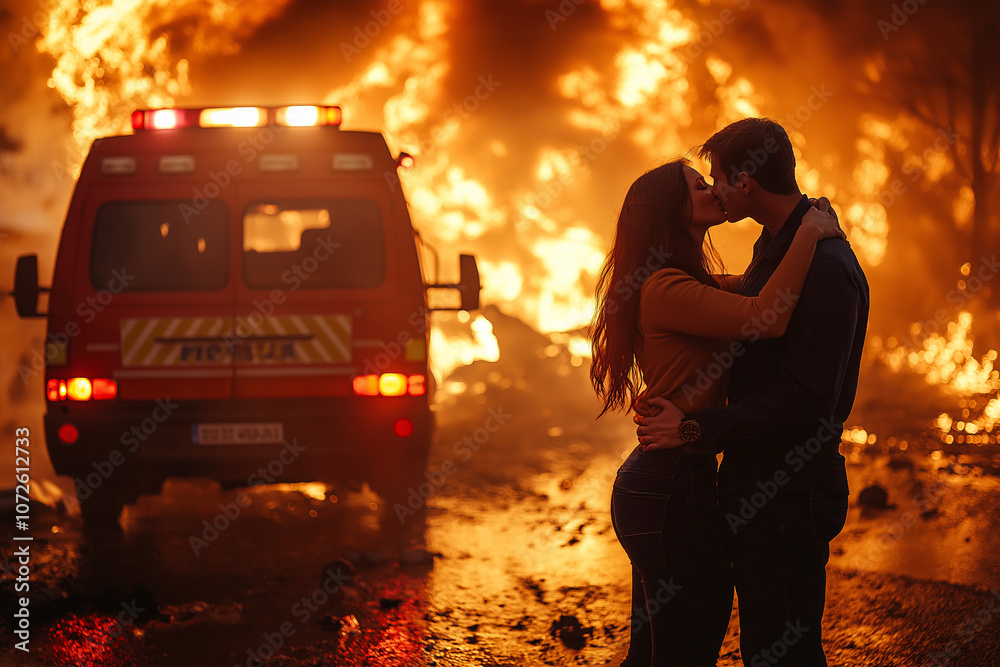 couple kisses passionately against dramatic backdrop of flames and fire truck, capturing moment ...
