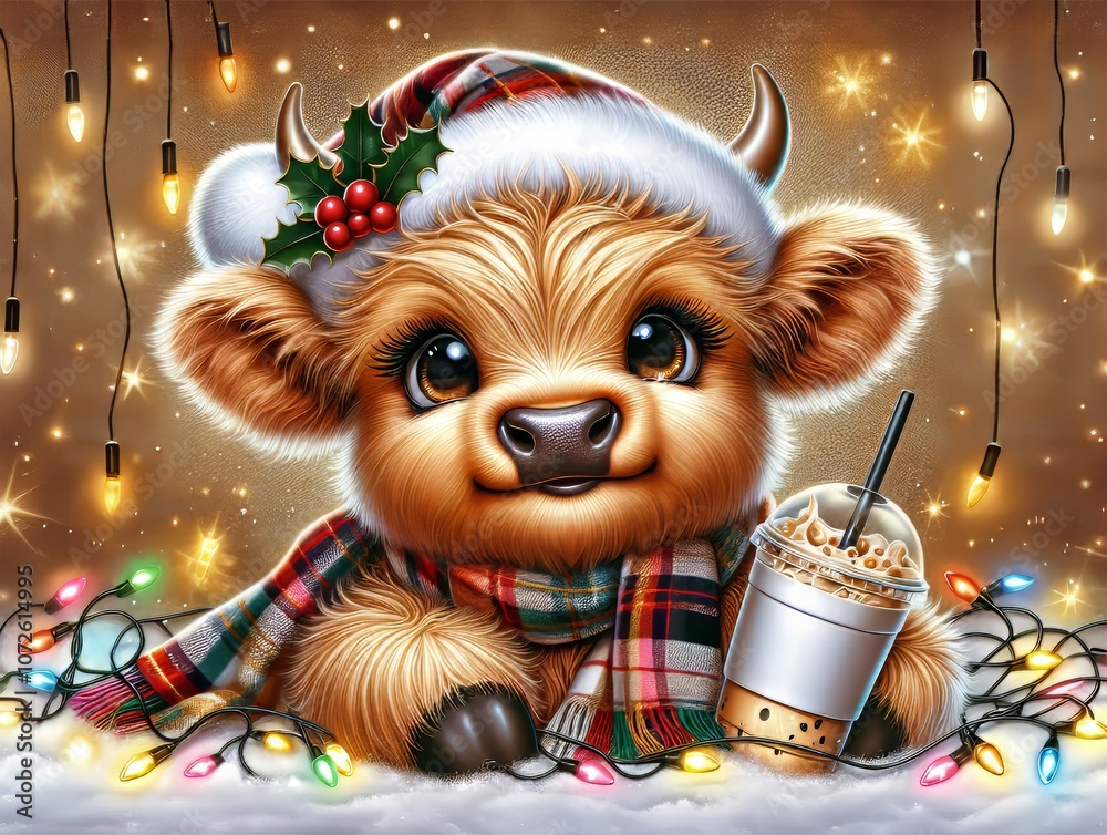 Cute baby Highland cow wearing a Santa hat and plaid scarf, holding ...