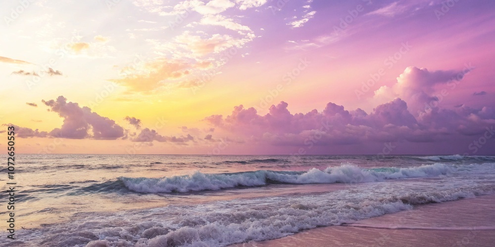 Escena relajante de playa con el mar calmo y un cielo rosado al ...