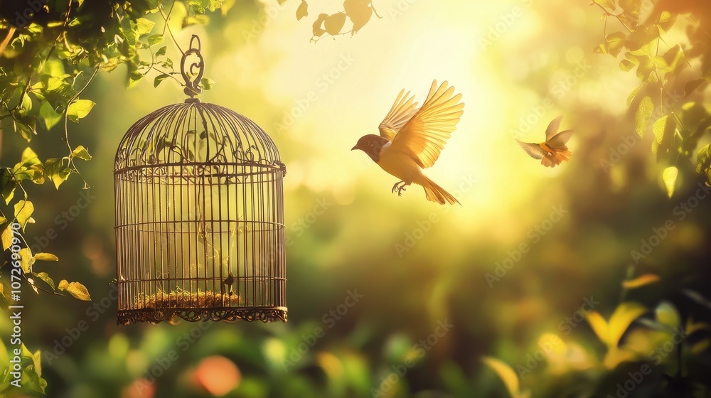 Bird Flying Free from Empty Birdcage in Golden Sunlight with Green ...