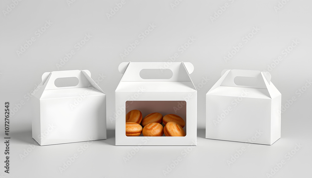 White three blank mockup paper pastries candies box with handle in grey ...