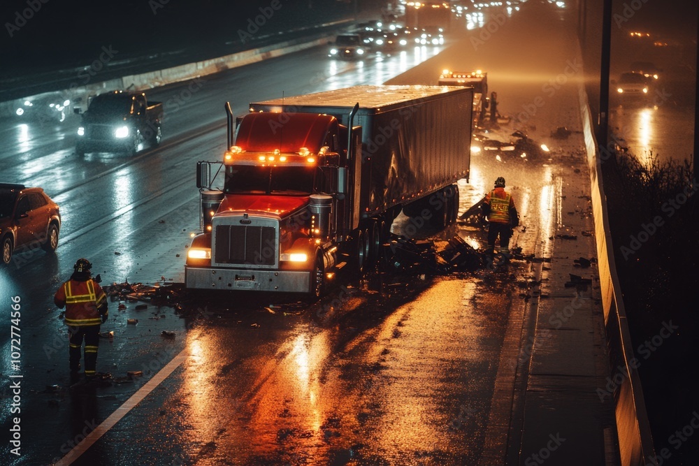 Semi-trailer truck crash on wet freeway during nighttime causing ...