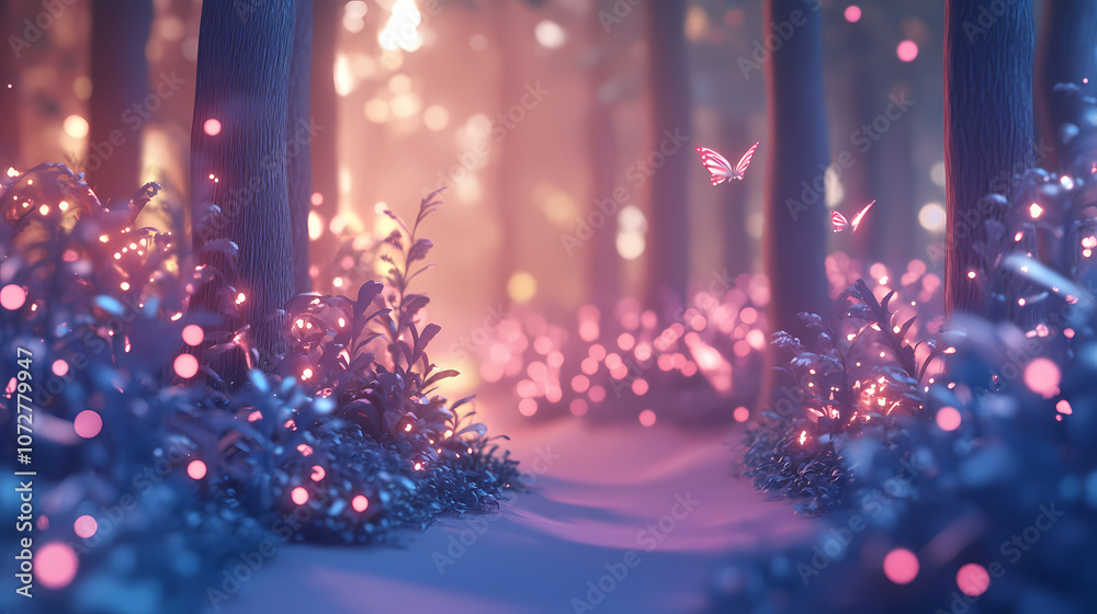 Design a 3d animation of a whimsical fairy woodland at twilight with ...