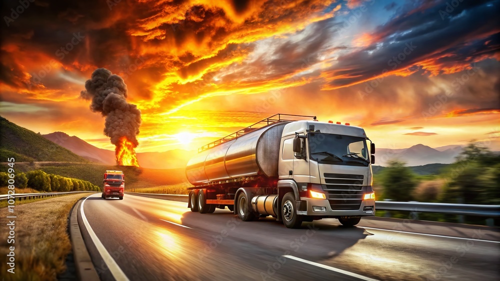 Racing Tanker Truck Transporting Highly Flammable Fuel on Highway with ...