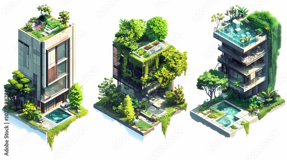 Isometric clean pixel art image of urban oasis, greenery, futuristic ...