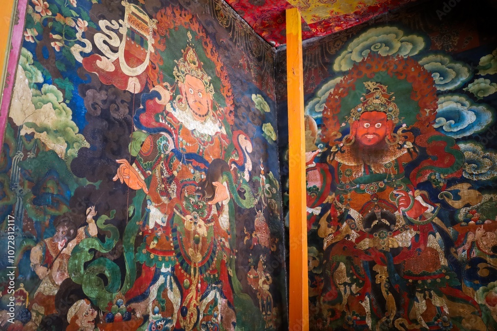 Vibrant wall paintings inside Drepung Monastery, Lhasa, Tibet ...
