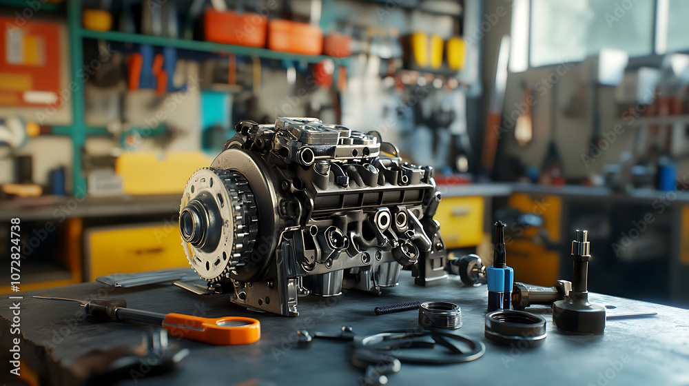 Replacement part for car engine on workbench, careful inspection, 8k ...