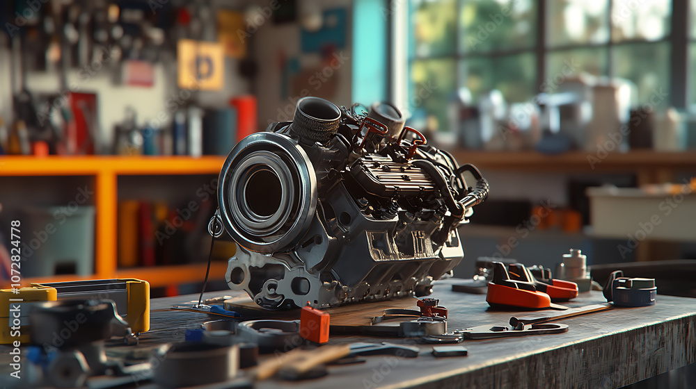 Replacement part for car engine on workbench, careful inspection, 8k ...