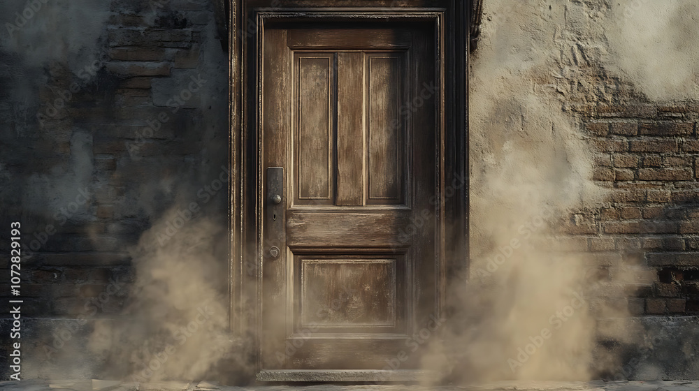 Wooden door slammed shut, dust swirling, intense motion, 8k, hyper ...