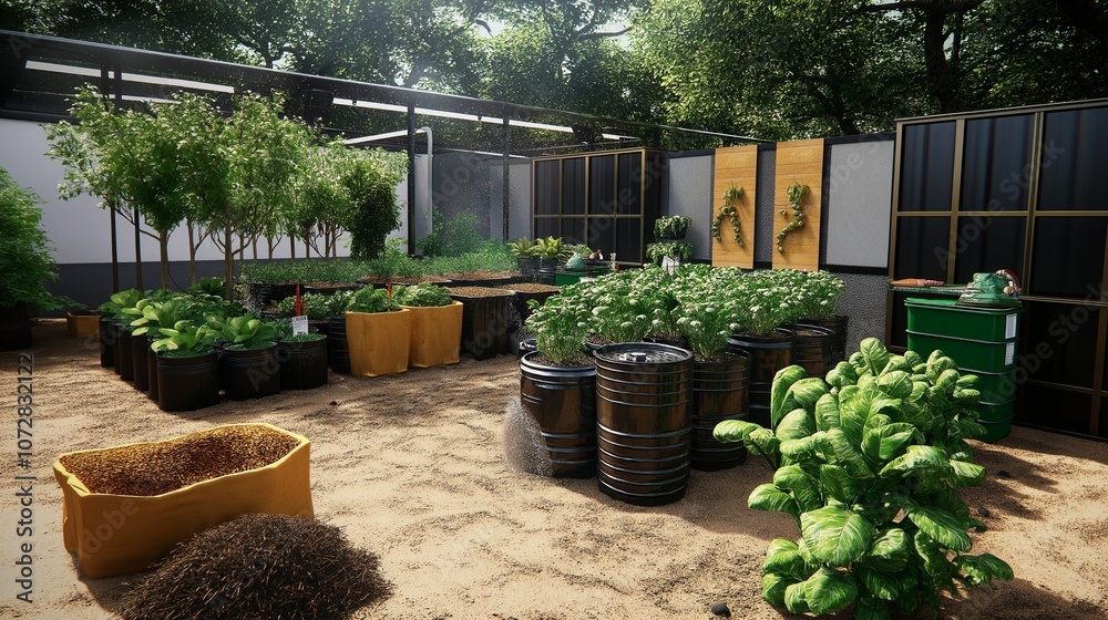 A zero-waste gardening setup with composting bins, rainwater harvesting ...