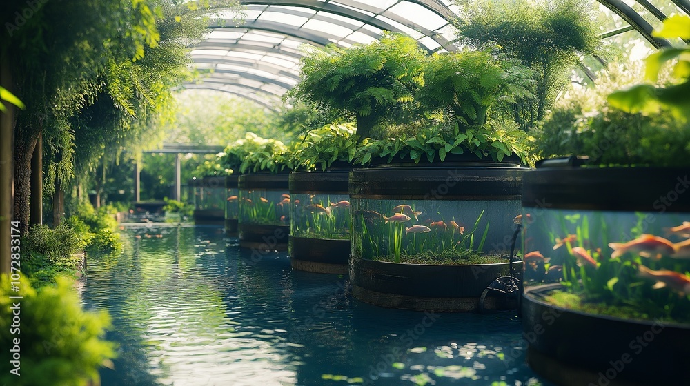 An aquaponics farm with fish tanks integrated into a greenhouse, where ...