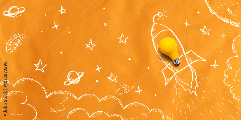 Idea light bulb rocket flying to the sky - Flat lay Stock Photo | Adobe ...