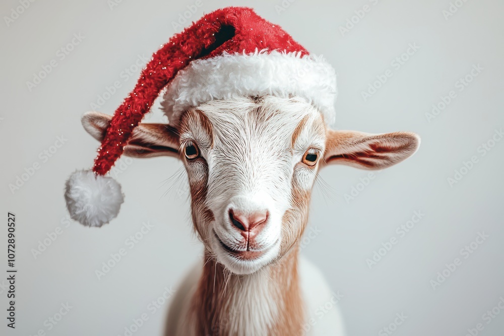 Festive goat wearing a Santa hat, standing proudly on a plain white ...