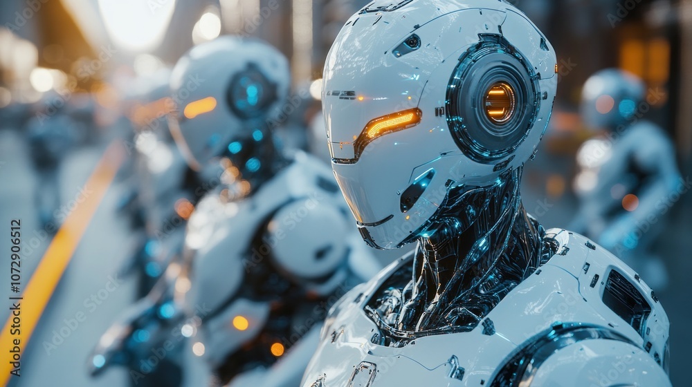 AI-powered robots working alongside humans on an assembly line in an ...