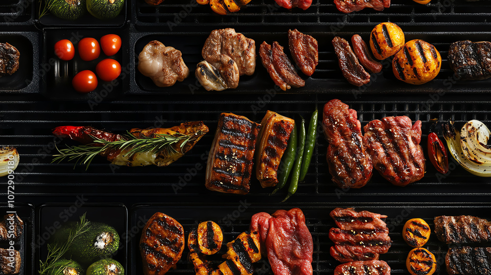 Meat and vegetables on Korean BBQ grill, top view, sharp commercial ...