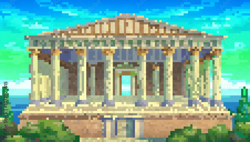 Ancient Greek temple during daytime pixel art background. 8-bit game ...