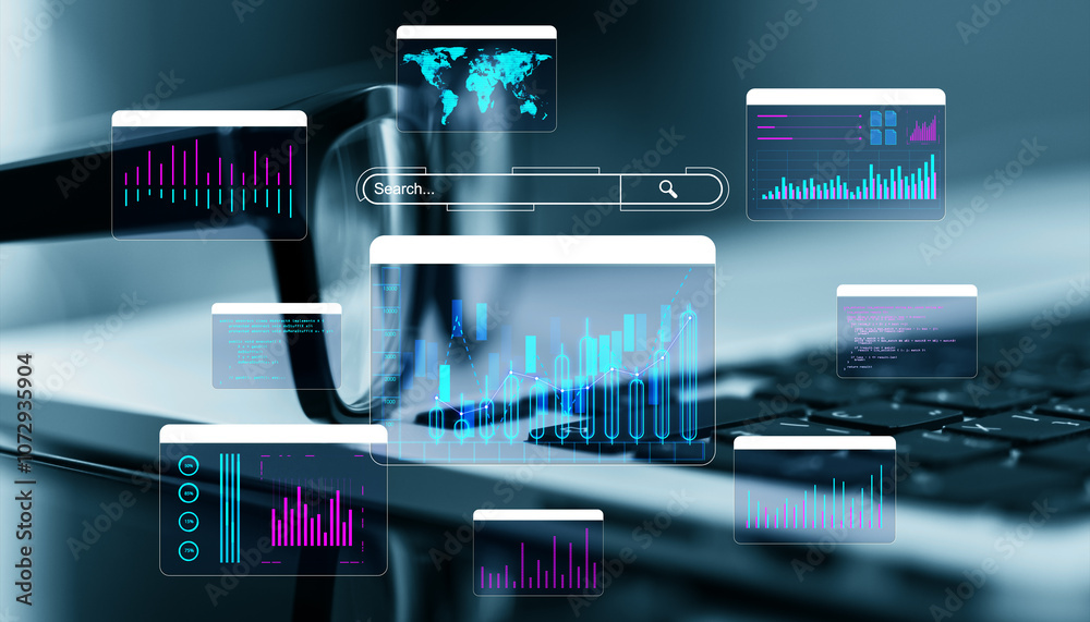 Digital data analysis interface with charts and graphs floating over a laptop in a modern ...