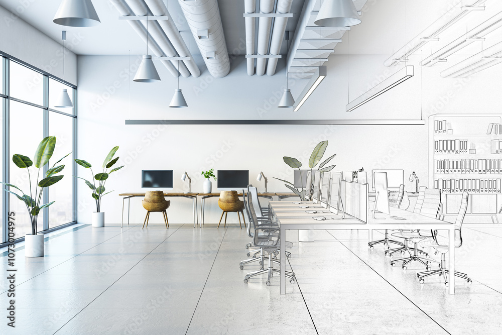 Modern office interior design with half-real and half-sketch view of ...