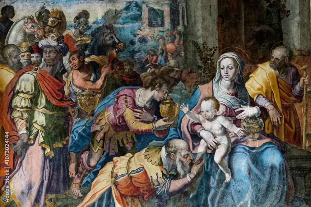 Fresco (15th century) of Christmas Nativity Scene : Adoration of the Magi as they present gifts ...