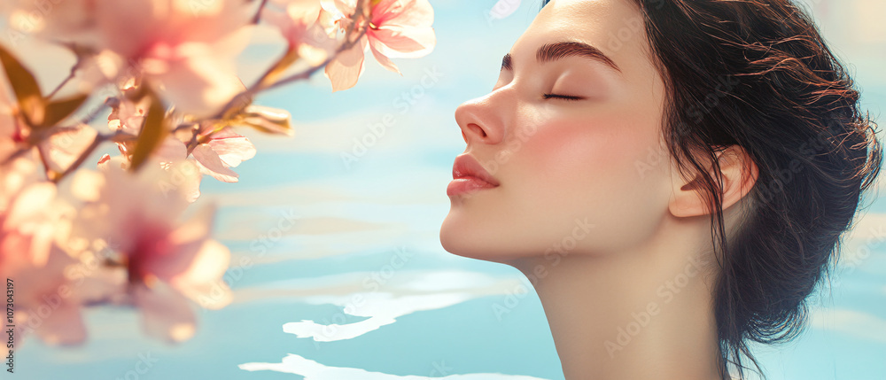 Beautiful Woman Inhaling Fresh Air With Eyes Closed Near Pink Flowers ...