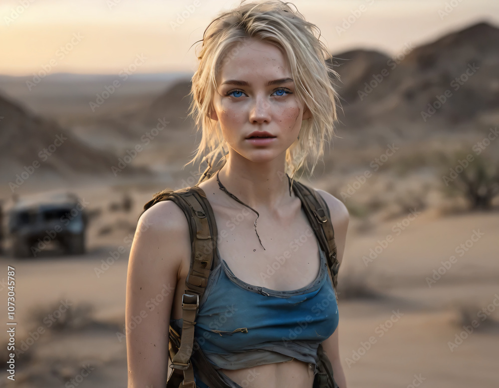 Girl in post-apocalyptic nomad clothing stands in an impressive desert ...