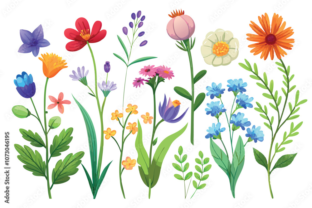 Collection of wildflowers, set, clipart, design game asset sprite sheet ...