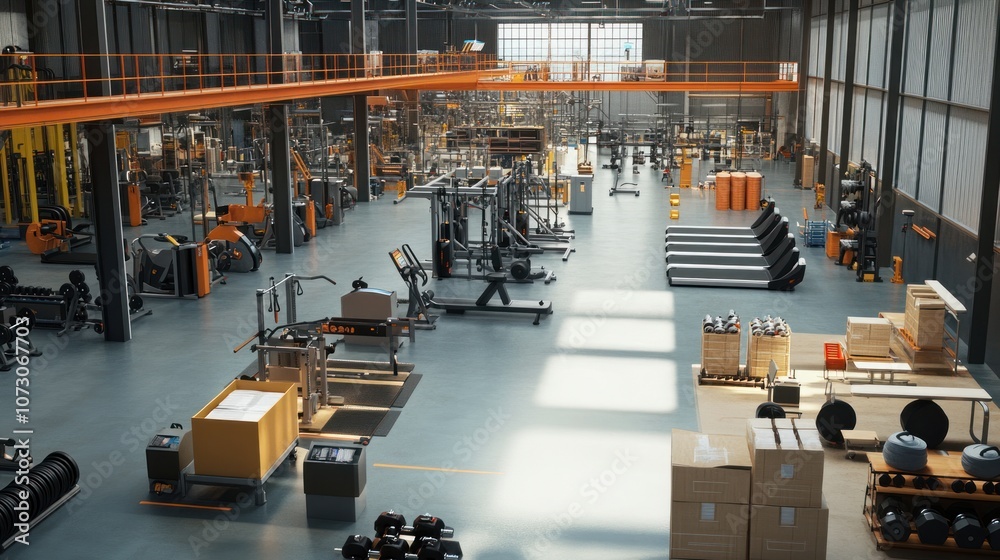 Wide industrial view of fitness equipment production, displaying ...
