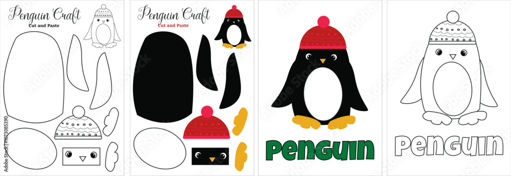 Build a penguin in red hat. Printable template. Cut out and glue paste ...