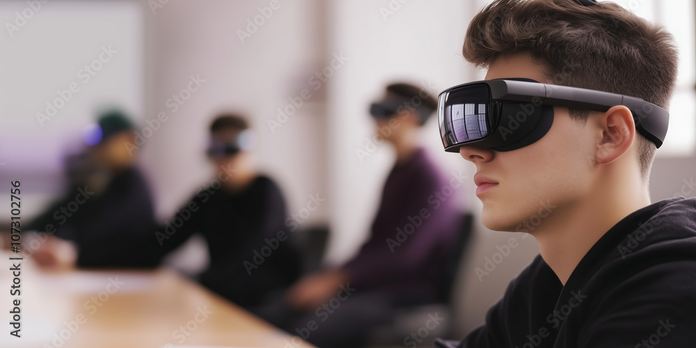 students wearing VR headsets in a modern classroom setting, focus on ...