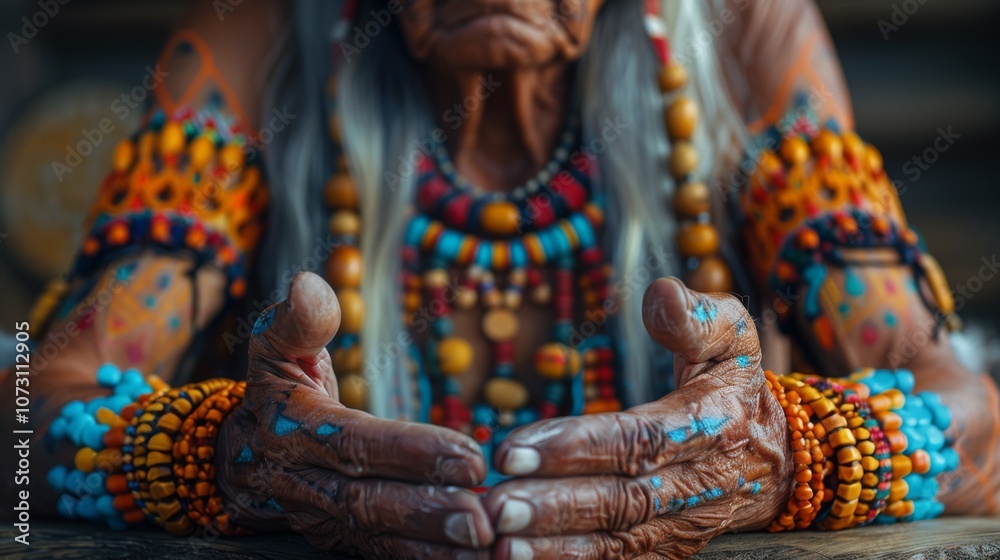 Indigenous Peoples' Day. A close-up shot of an Indigenous storyteller's ...