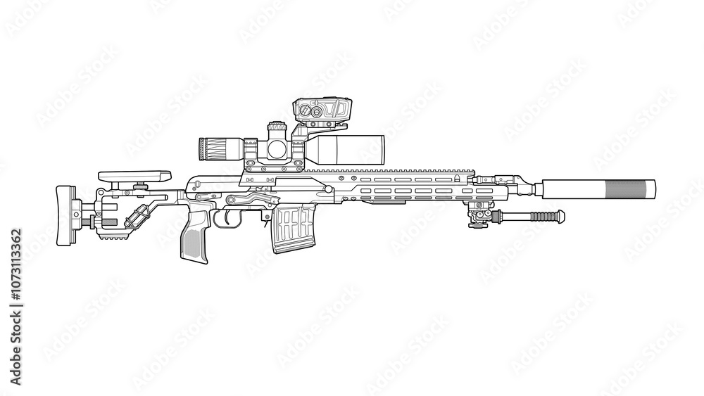 line art of upgraded Russian SVD sniper Rifle with Optical Sight, folding stock, ballistic ...