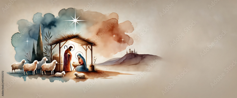 Nativity scene in Bethlehem. Watercolor painting. Christmas scene ...