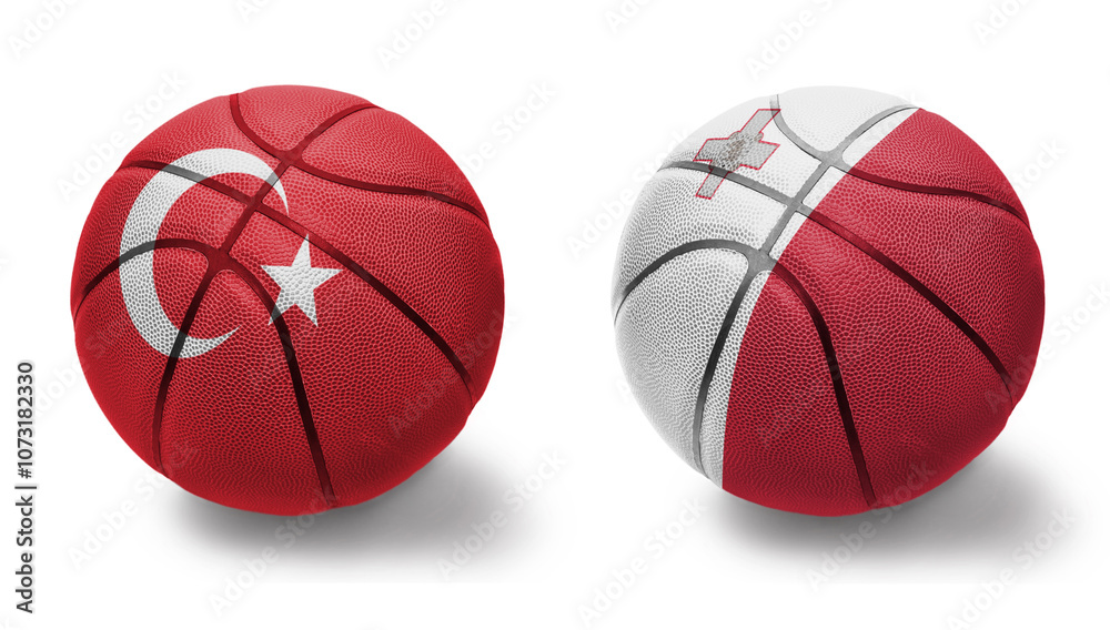 basketball balls with the national flags of malta and turkey on the ...