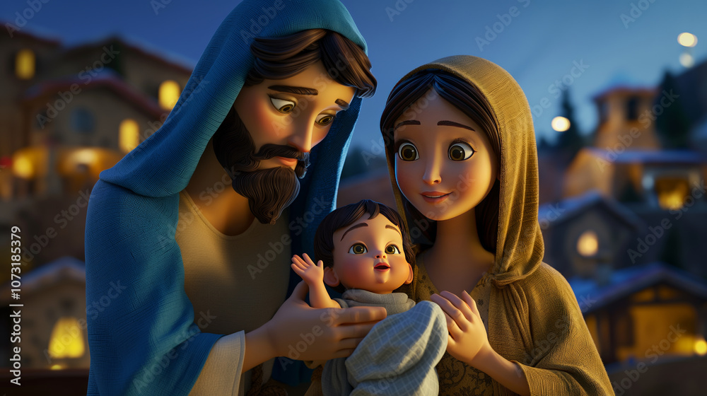 Joseph, Mary and Baby Jesus in the crib, 3D animation nativity scene in ...