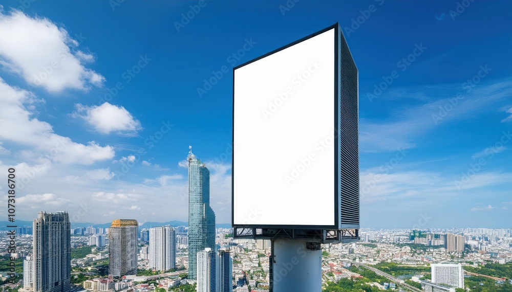 Mockup of White Vertical LED Display Billboards on Tower Building with Blue Sky Background Stock ...