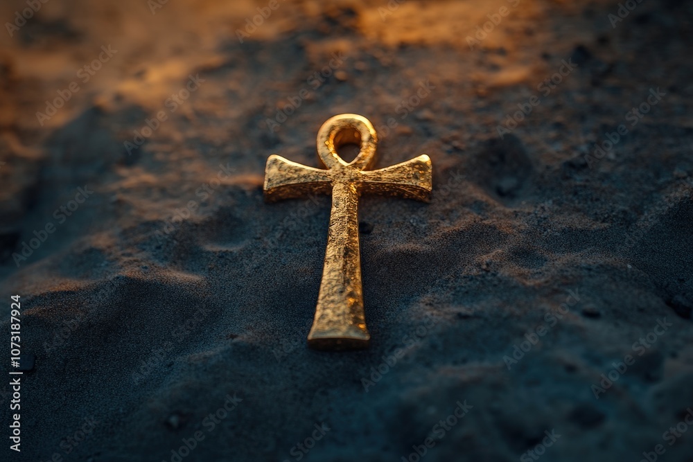 Golden Ankh Symbol Set Against a Dark Sandy Background, Representing ...
