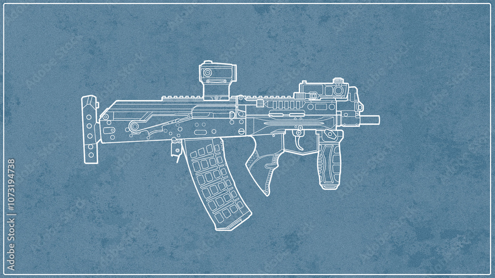 blueprint of side view of upgraded bullpup russian ak 12 assault rifle ...